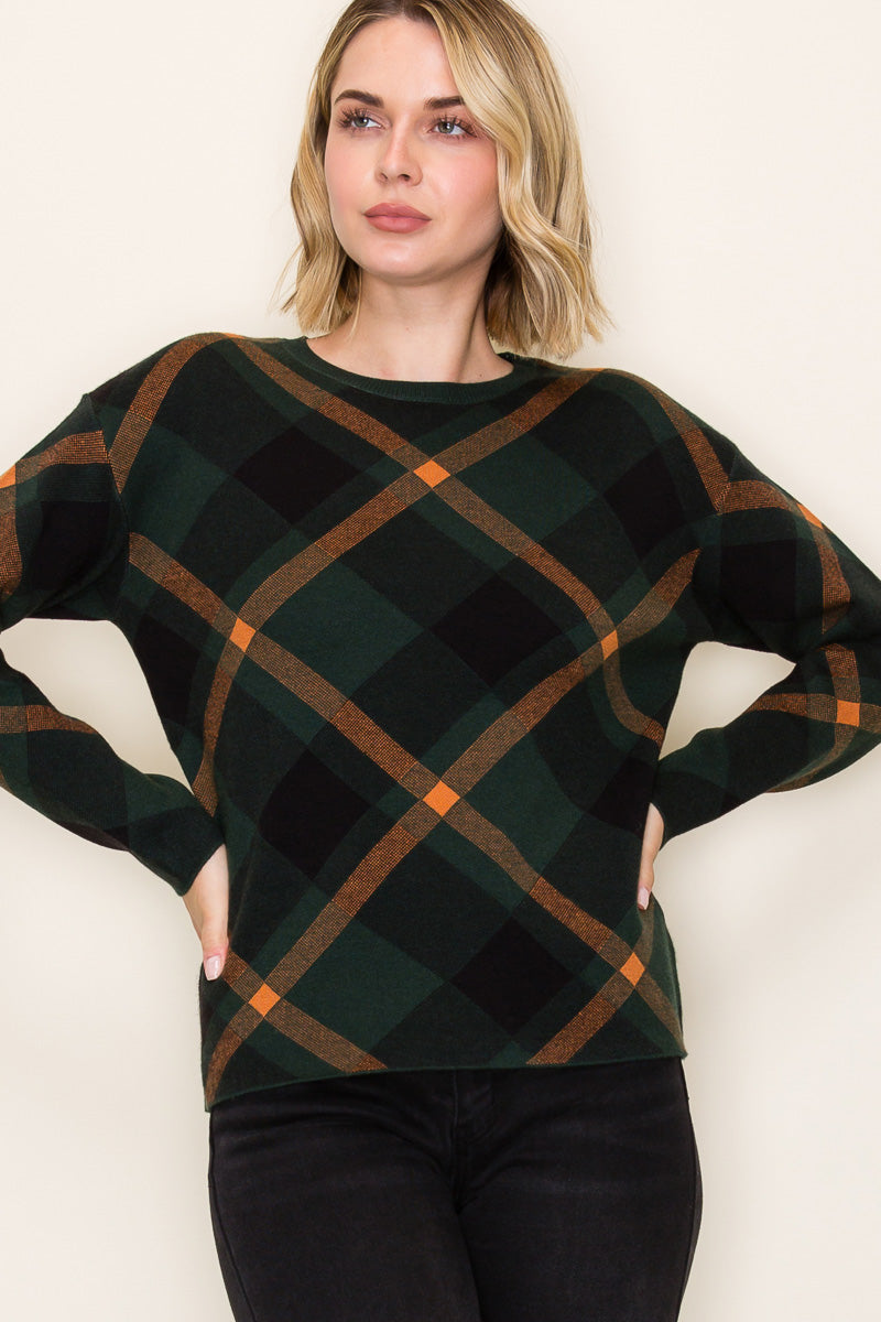Esther Plaid Sweater - Dark Green & Amber – Hello Color